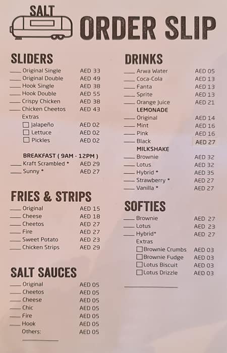Menu at SALT Kite Beach restaurant, Dubai, Kite Beach