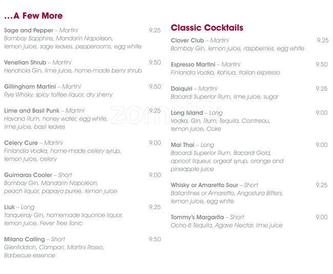 Menu at Tozi restaurant, London