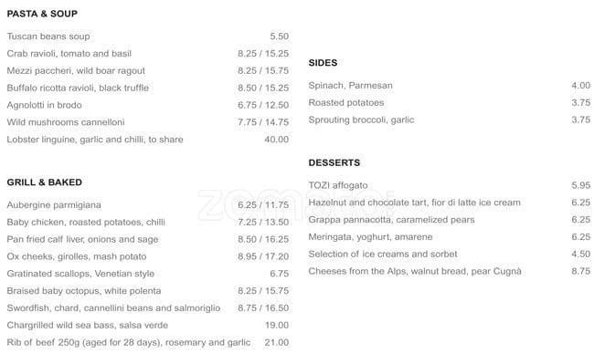 Menu at Tozi restaurant, London