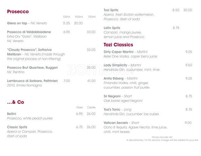 Menu at Tozi restaurant, London