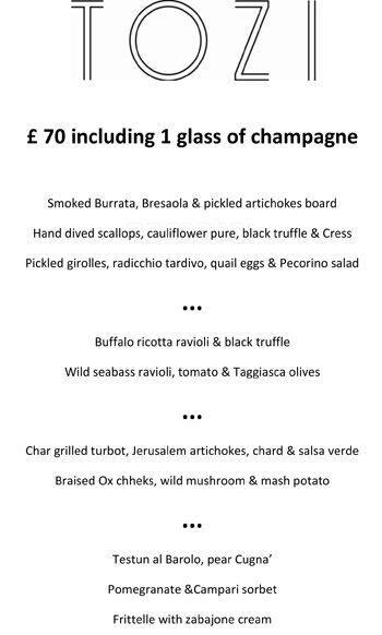 Menu at Tozi restaurant, London