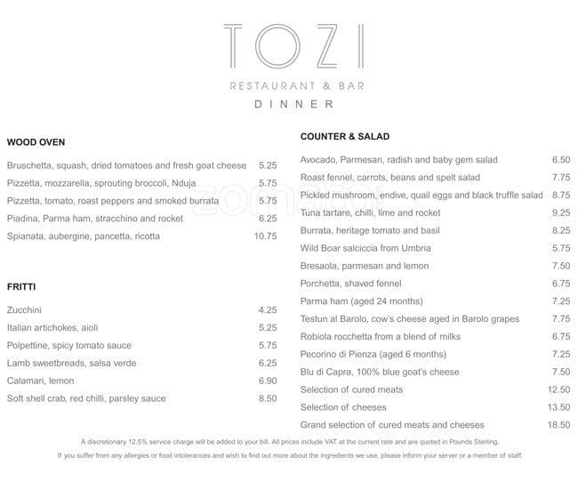 Menu at Tozi restaurant, London