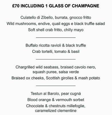 Menu at Tozi restaurant, London