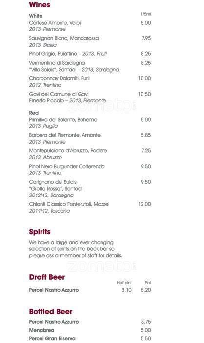 Menu at Tozi restaurant, London