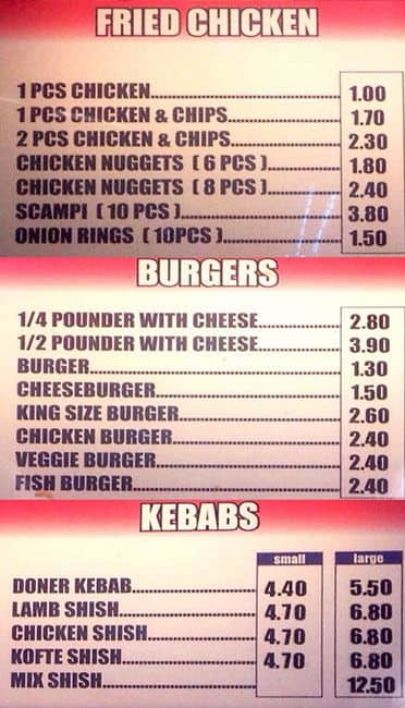 Menu at Super Fry Fish Bar, London, 25 Herbert Rd