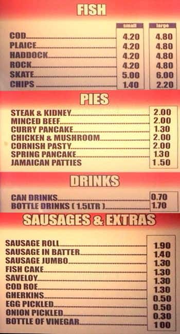 Menu at Super Fry Fish Bar, London, 25 Herbert Rd