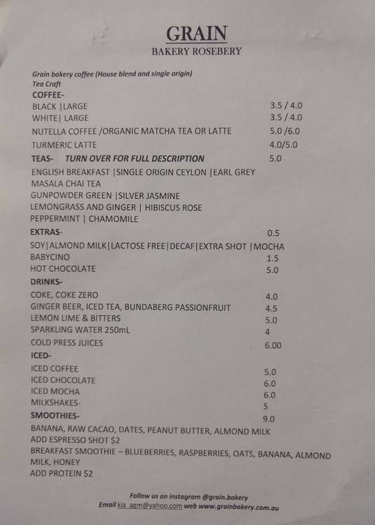 Menu at Grain Organic Bakery, Rosebery