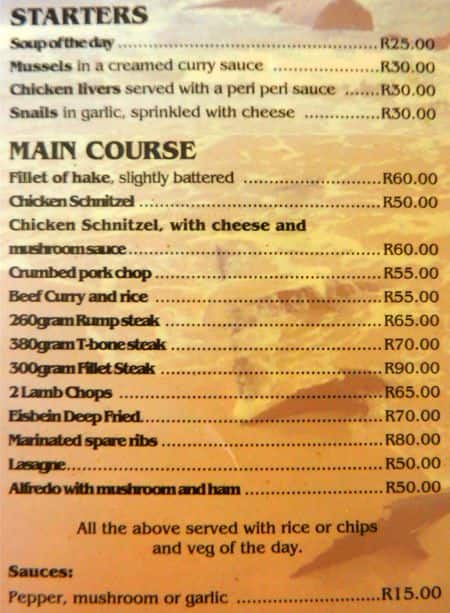 Menu at The Bay View Hotel pub & bar, Richards Bay