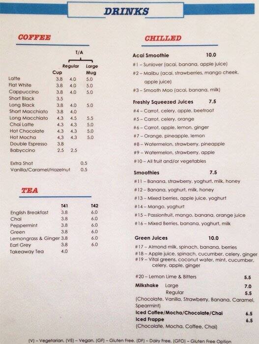 Menu at Beaches Cafe, Cottesloe