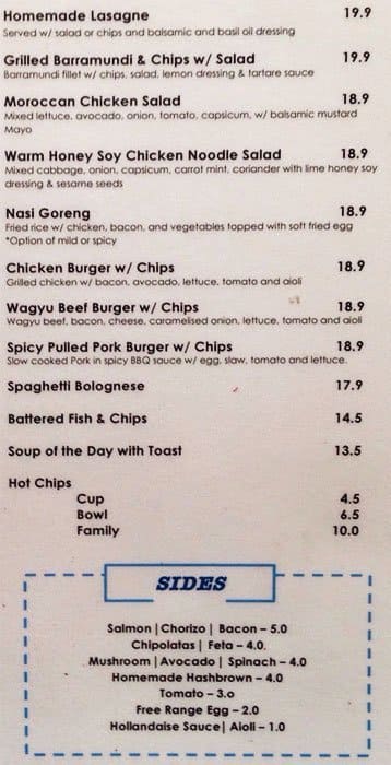 Menu at Beaches Cafe, Cottesloe