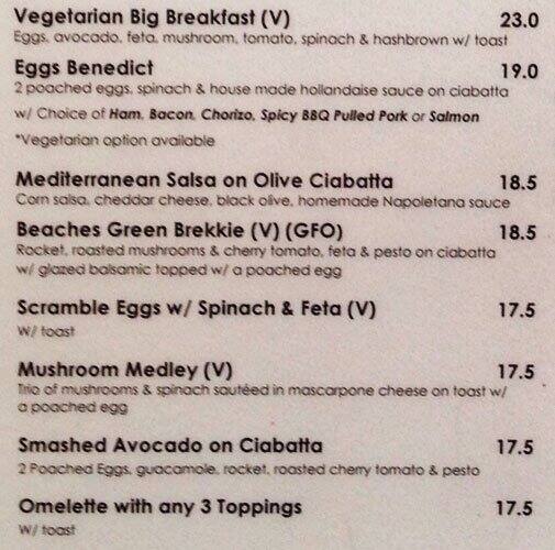 Menu at Beaches Cafe, Cottesloe