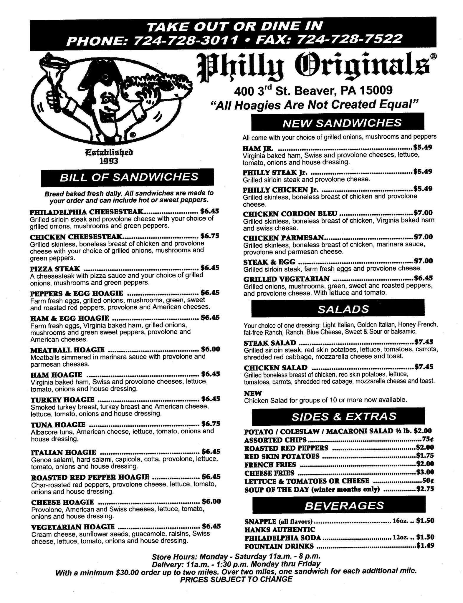 Menu at Philly Originals fast food, Beaver