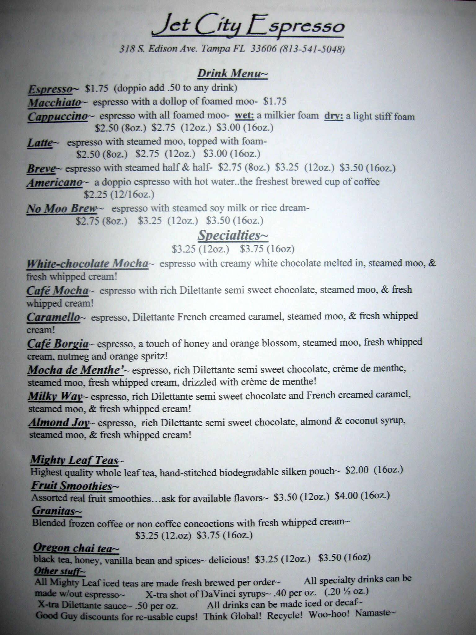 Menu at Jet City Espresso Hyde Park pub & bar, Tampa, 318 S Edison Ave