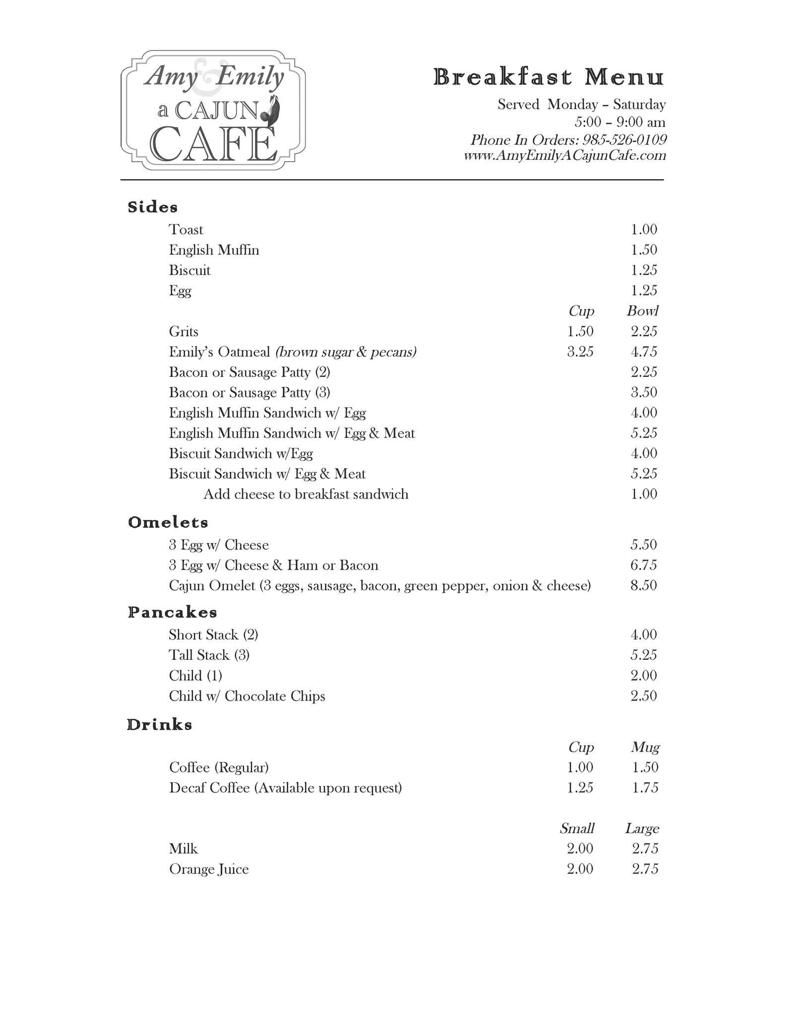 Menu at Amy & Emily a Cajun Cafe, Labadieville