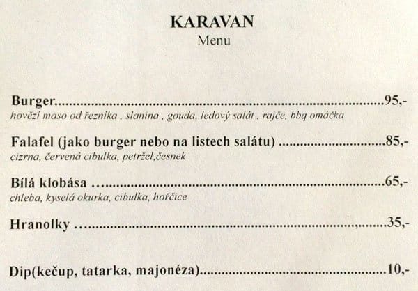 Menu at Karavan, Prague, Generála Píky 26