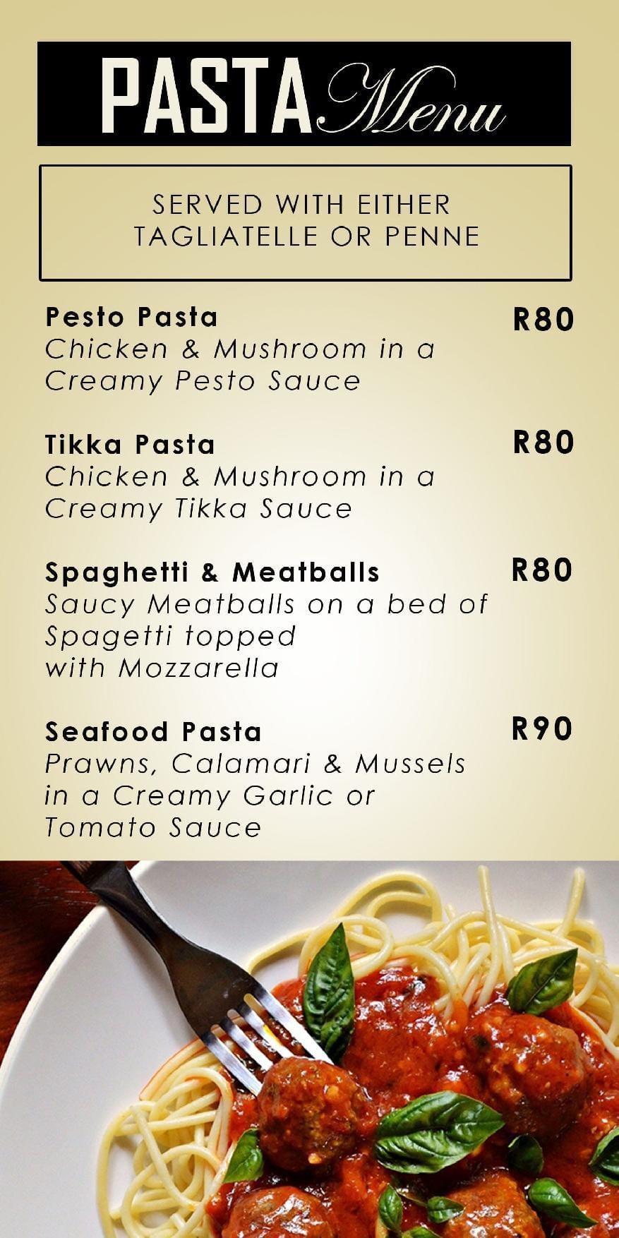 Menu at Vacca Matta cafe, Durban