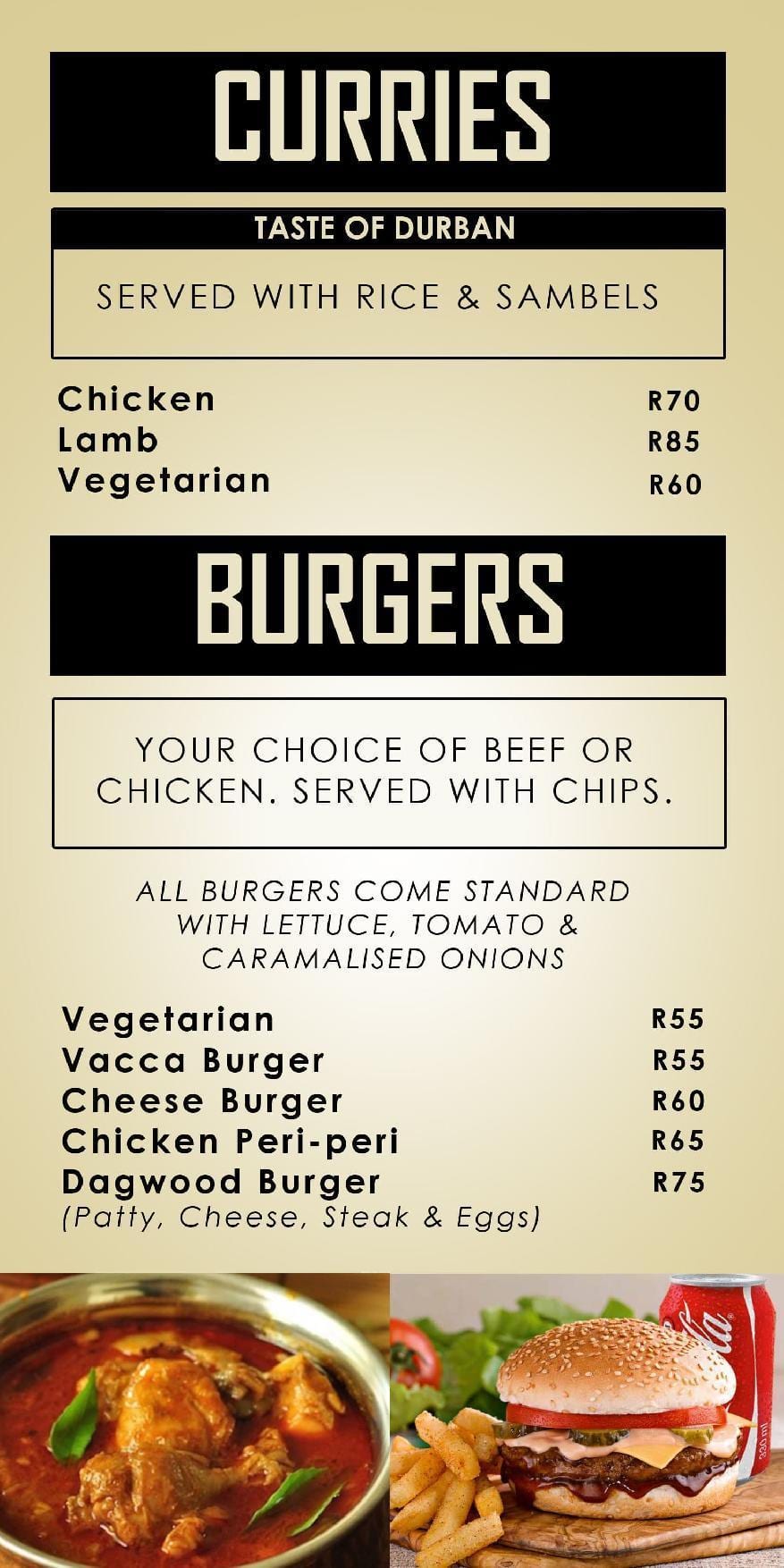 Menu at Vacca Matta cafe, Durban