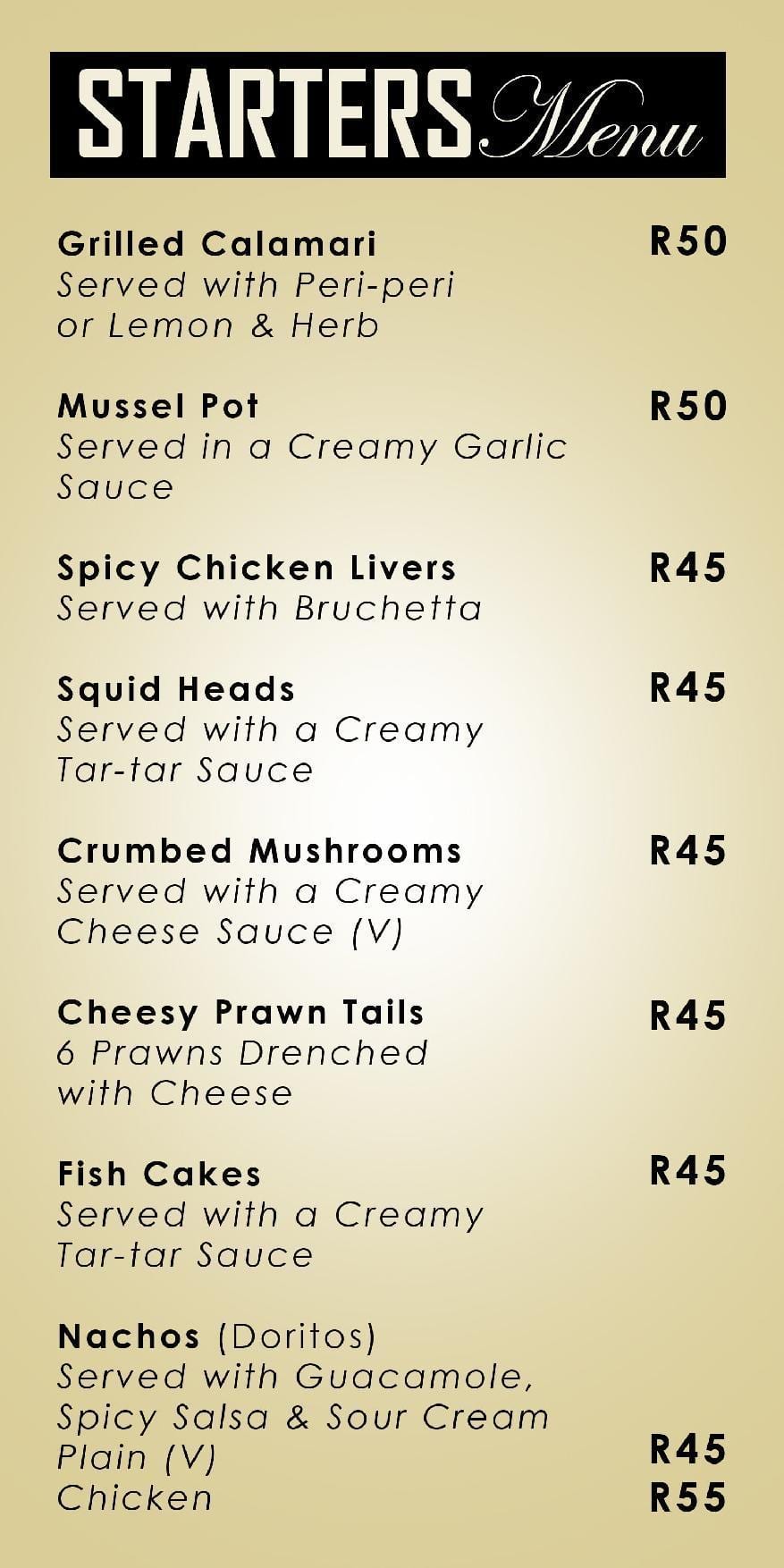 Menu at Vacca Matta cafe, Durban