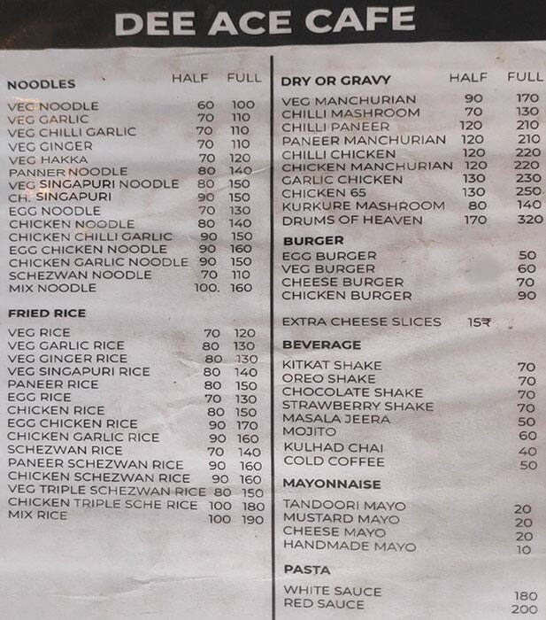 Menu at Dee Áce Cafe, New Delhi