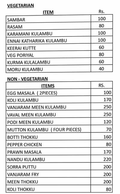 Menu of Vel's Curry, Arumbakkam, Chennai