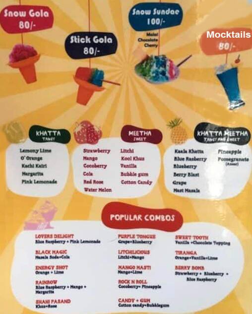 Menu of Snow Gola, Sangareddy, Hyderabad