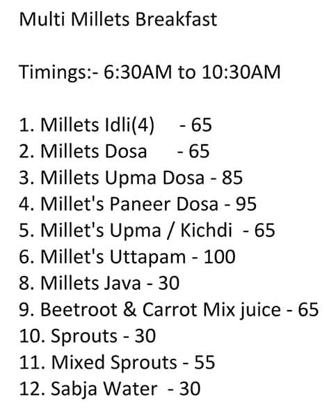 Menu of Multi Millets Breakfast, Kondapur, Hyderabad