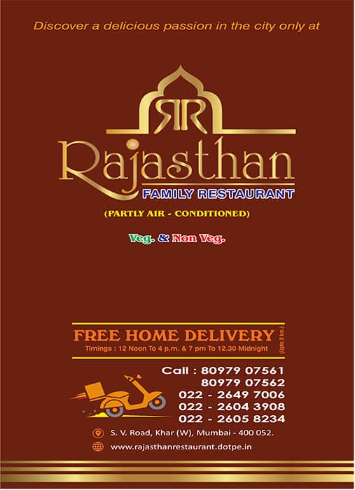 Menu of Rajasthan Restaurant, Khar, Mumbai