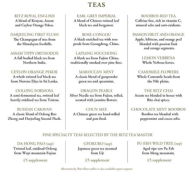 Menu at Afternoon Tea at The Ritz cafe, London, 150 Piccadilly