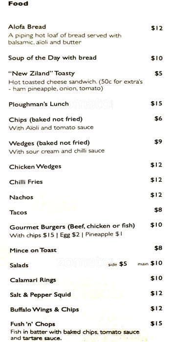 Menu at Thirsty Whale pub & bar, Auckland