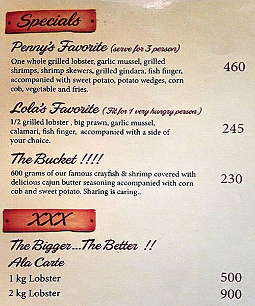 Menu at Prawn Star restaurant, South Jakarta