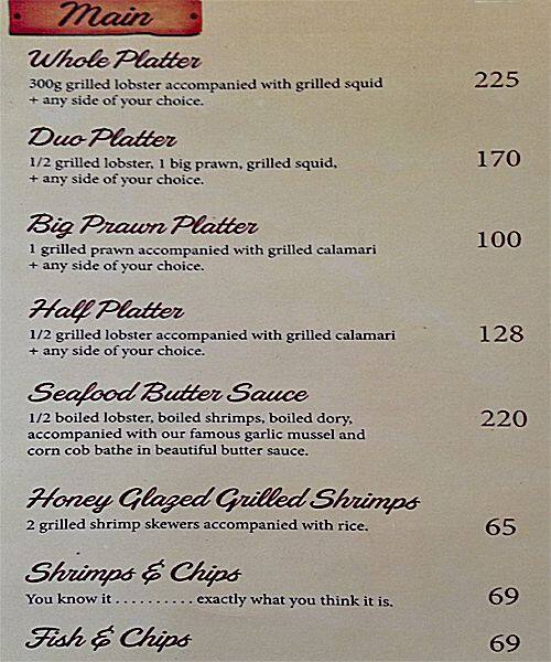 Menu at Prawn Star restaurant, South Jakarta
