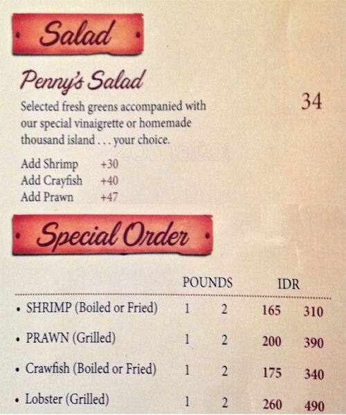 Menu at Prawn Star restaurant, South Jakarta