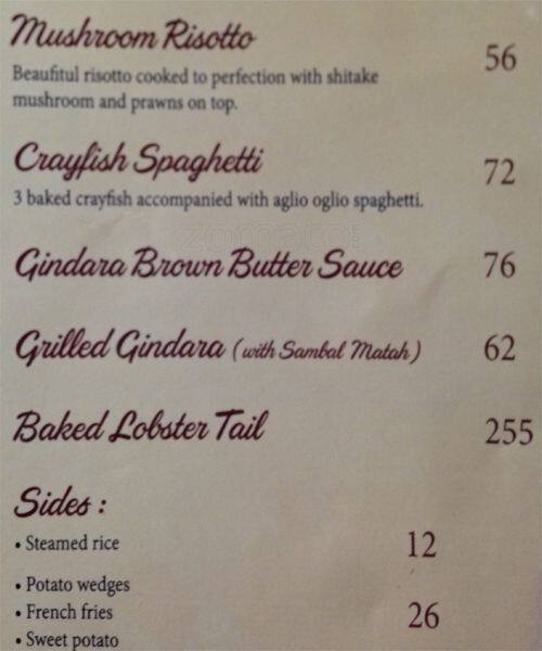Menu at Prawn Star restaurant, South Jakarta