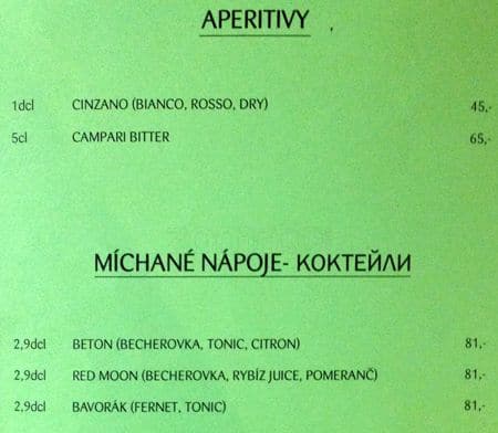 Menu at Café~bistro Citadela cafe, Prague