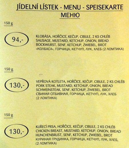 Menu at Café~bistro Citadela cafe, Prague