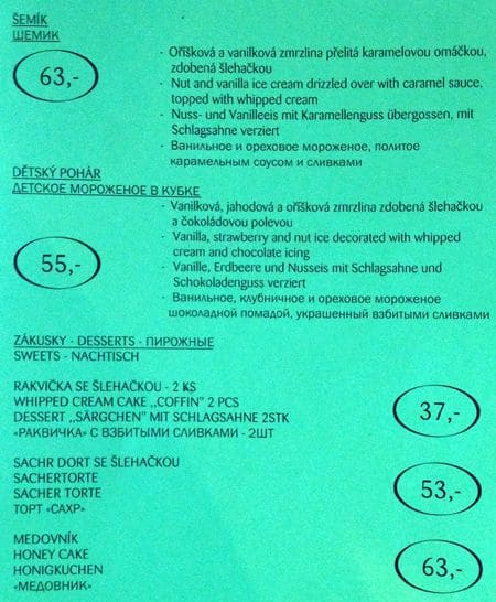 Menu at Café~bistro Citadela cafe, Prague