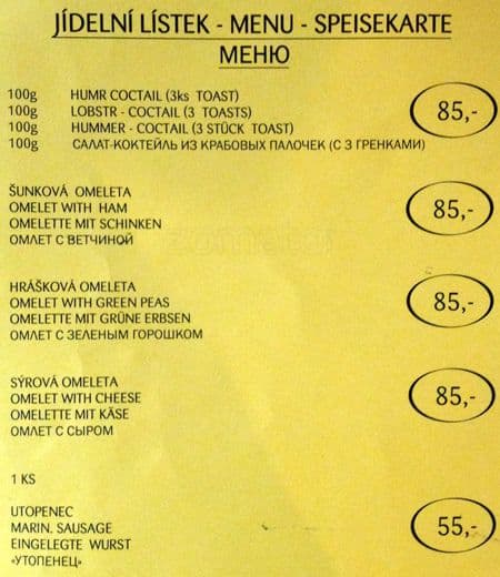 Menu at Café~bistro Citadela cafe, Prague