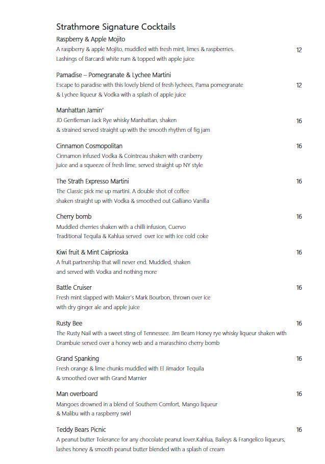 Carta de Strathmore Balcony Restaurant, Adelaida