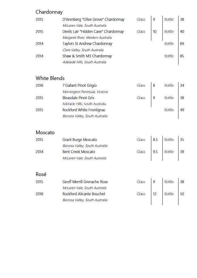 Menu at Strathmore Balcony Restaurant, Adelaide