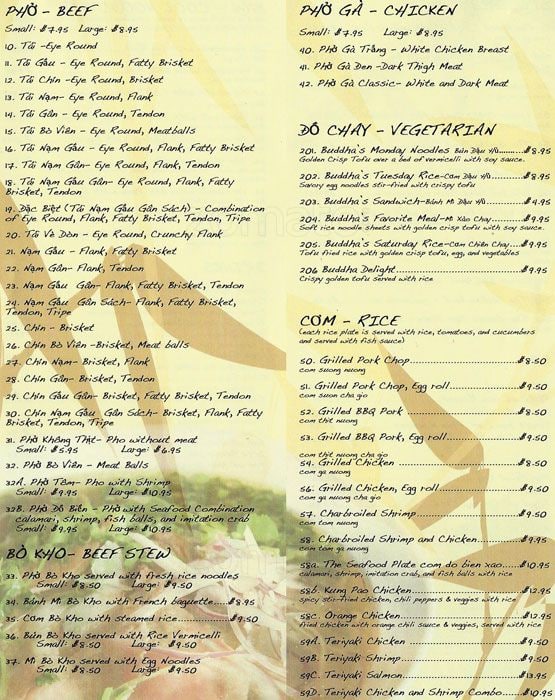 Menu at Phở95 Asian Fusion and Vietnamese restaurant, Arlington, S ...
