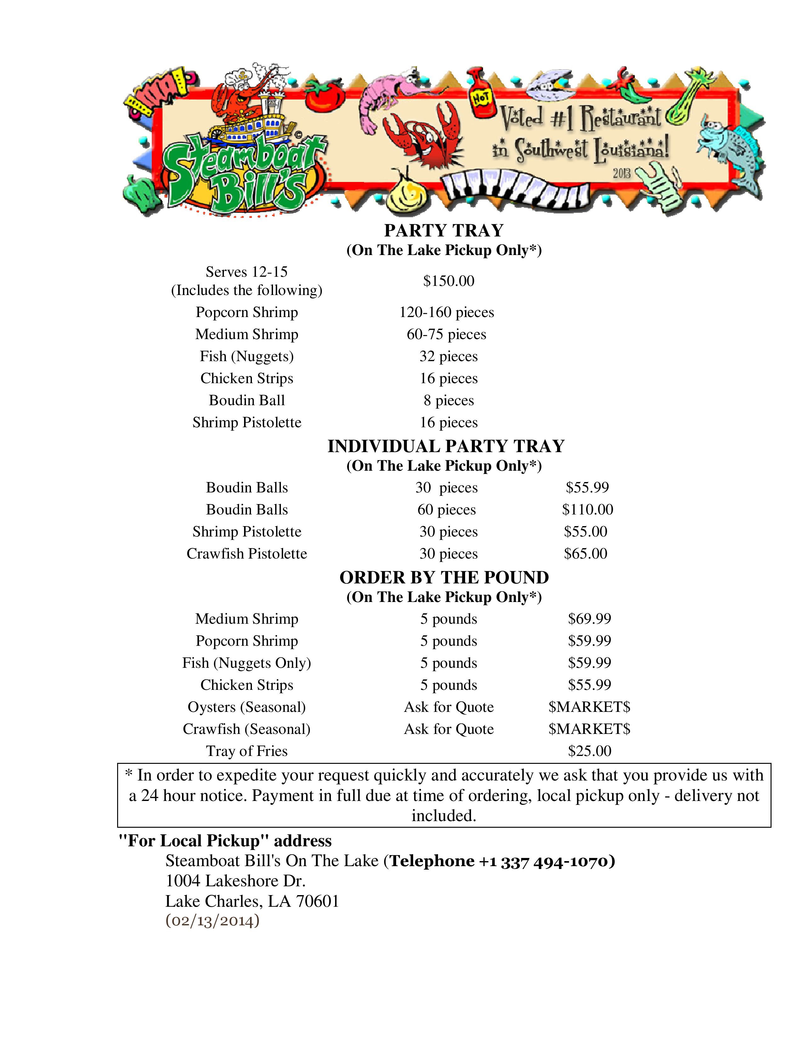 Menu at Steamboat Bill's on the Lake desserts, Lake Charles, N Lakeshore Dr