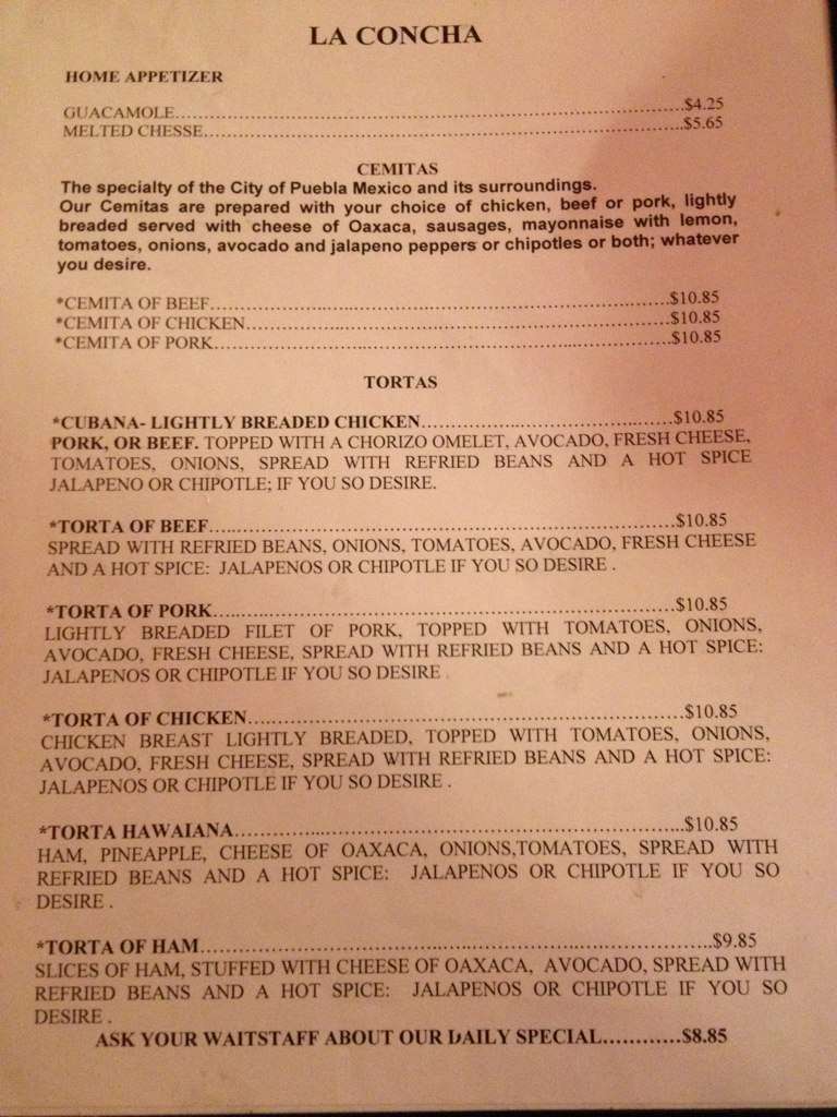 Menu at La Concha restaurant, Fitchburg