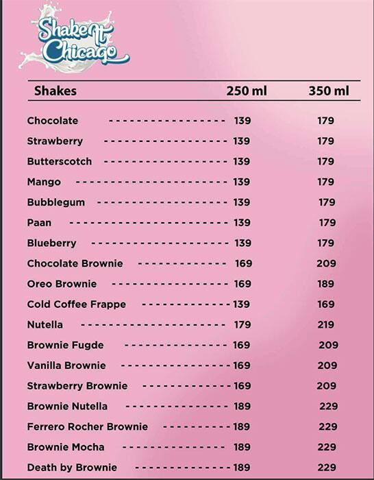 Menu of Shake It Chicago, Kopar Khairane, Navi Mumbai