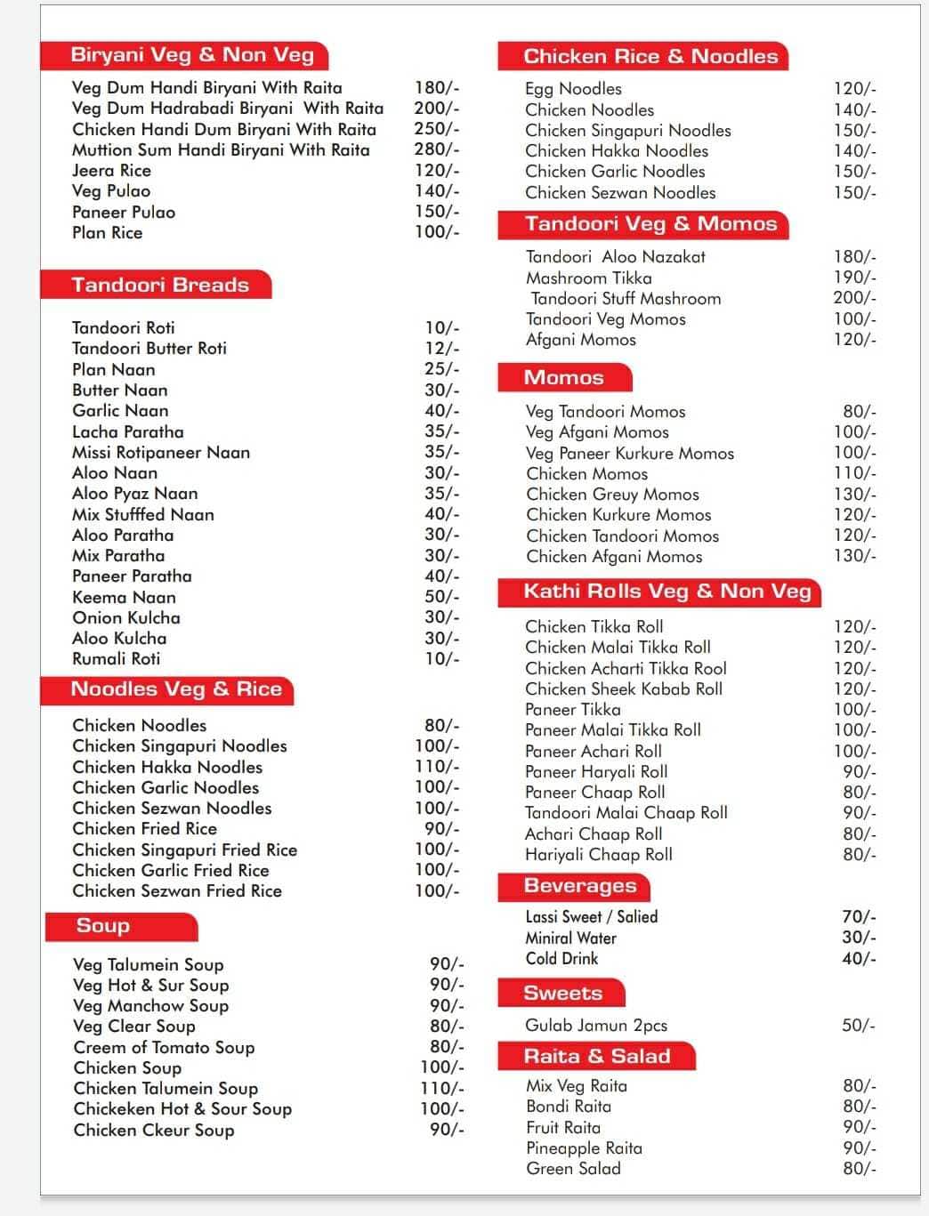 Menu of Jammu Food, Omega 2, Greater Noida