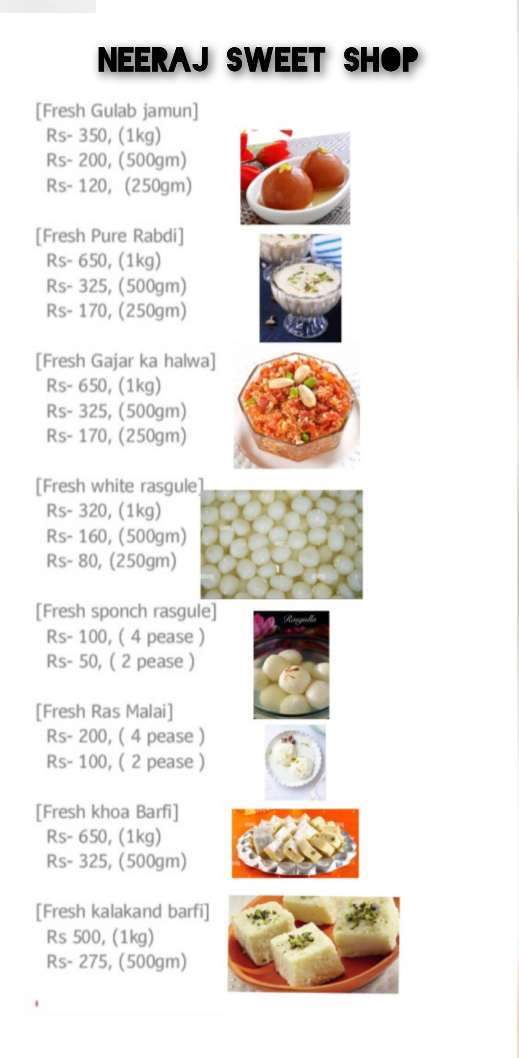 Menu of Neeraj Sweet Shop, Durga Puri, New Delhi