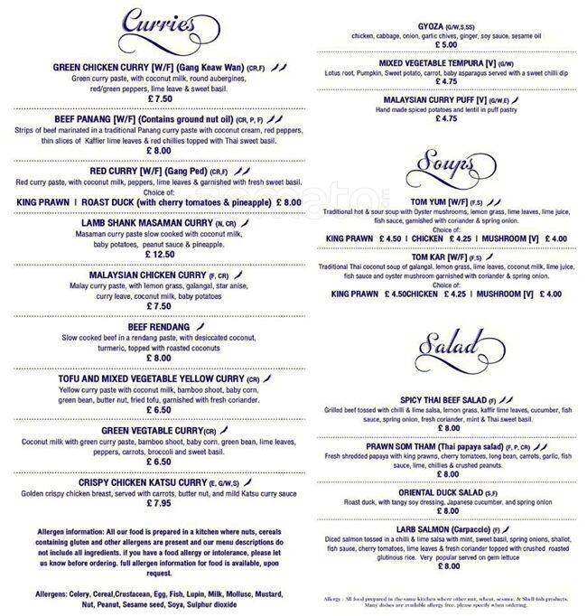 Menu at Sakunthala's Pan Asia restaurant, London