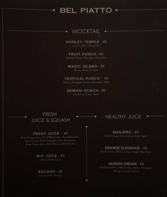 Menu at Bel Piatto Restaurant, Jakarta