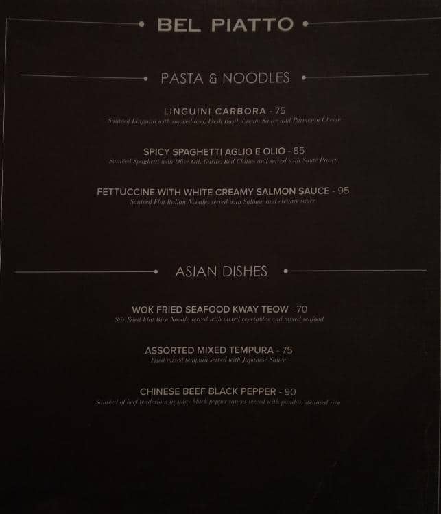 Menu at Bel Piatto Restaurant, Jakarta