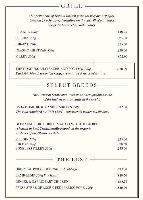 Menu at The Honours at Malmaison, Glasgow