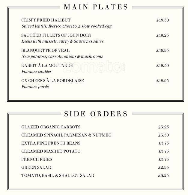 Menu at The Honours at Malmaison, Glasgow